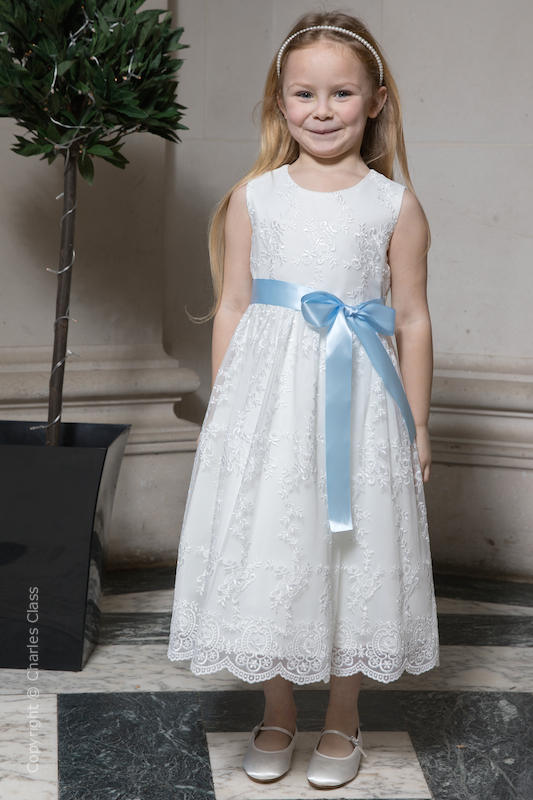 Girls Ivory Lace Dress with Royal Sash | Flower Girl Dress | Charles Class