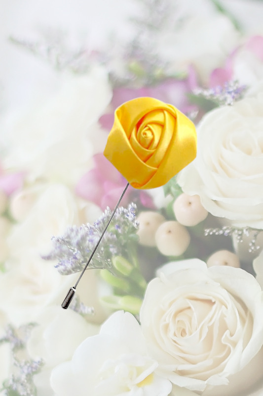 Wedding Boutonniere - Yellow Satin Rose Buttonhole Pin